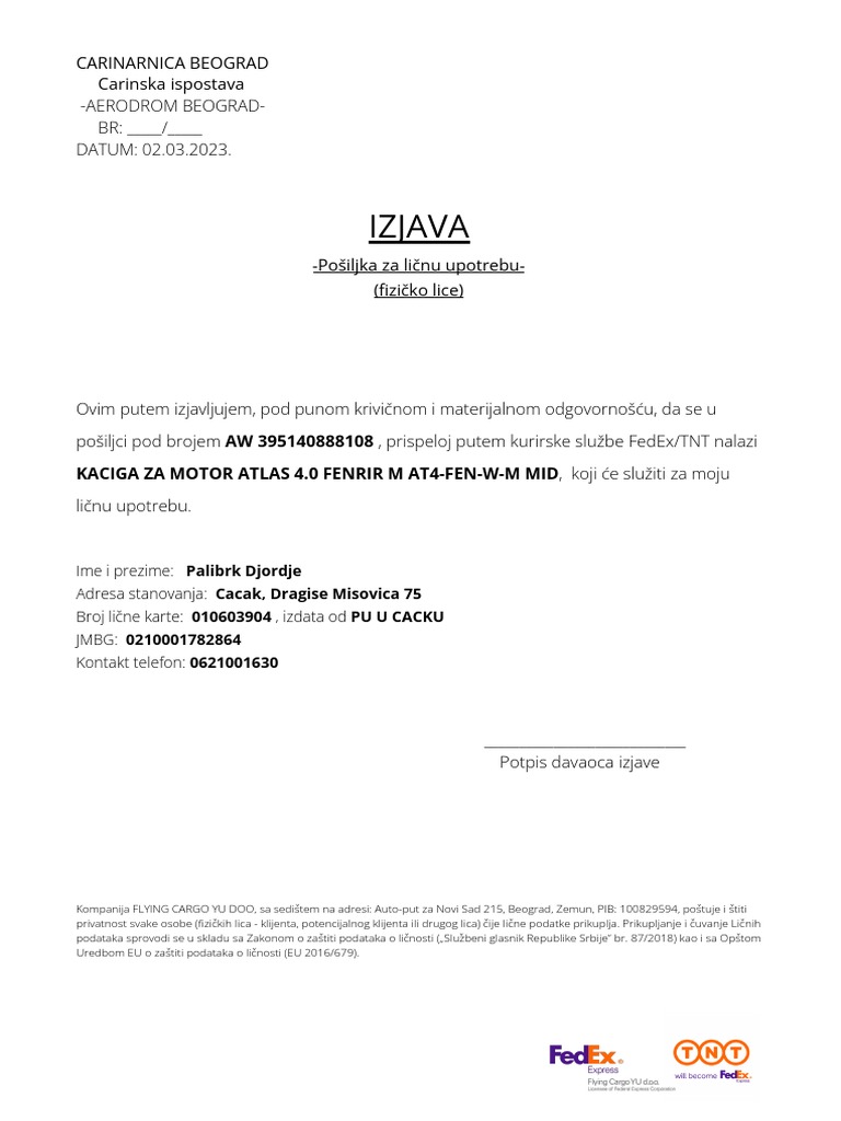 Izjava - Lična Upotreba Fizička Lica I Uputstvo | PDF