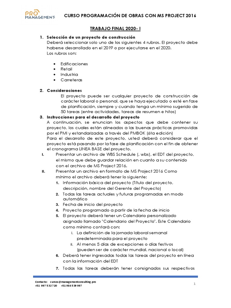 Trabajo Final Programación de Obras Con MS Project 2016 V2 | PDF