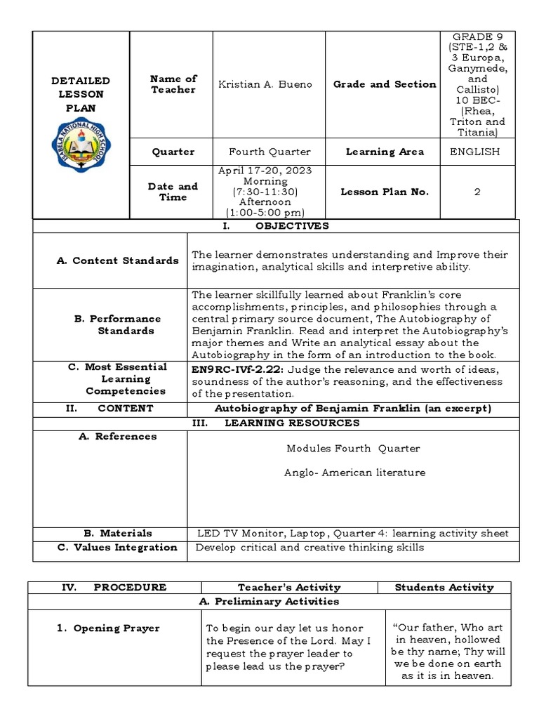 Autobiography Lesson Plan for Grade 9 | PDF