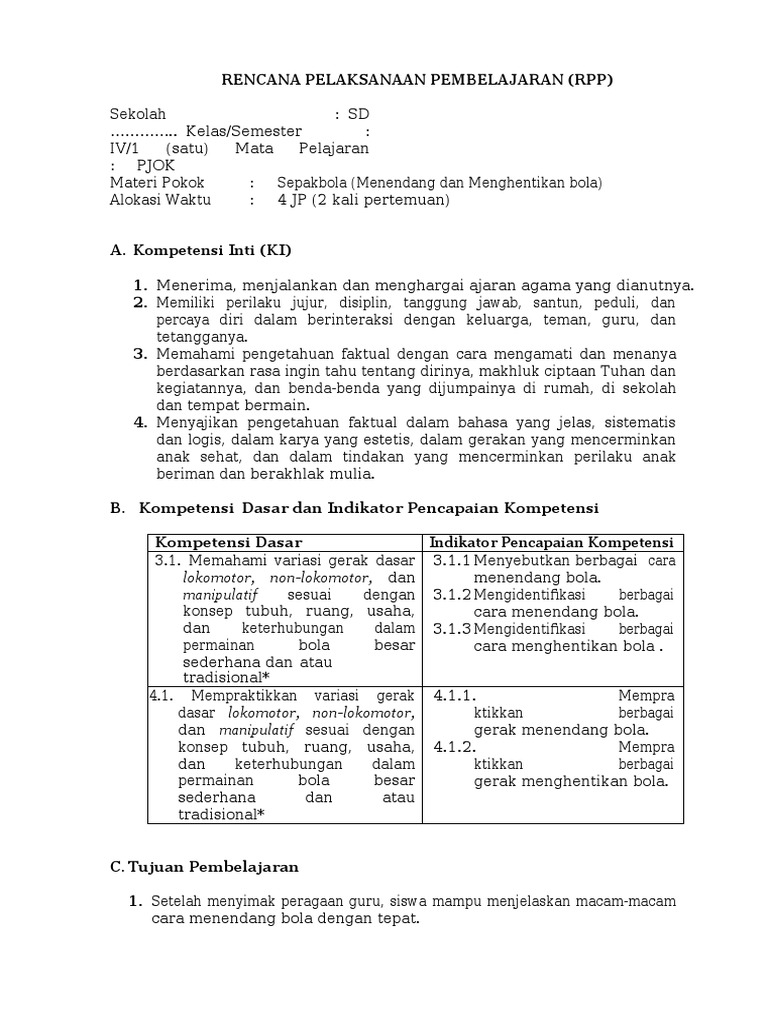 contoh RPP PJOK Kls 4 | PDF
