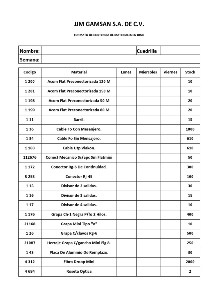 Formato de Existencia de Materiales en Dimme | PDF