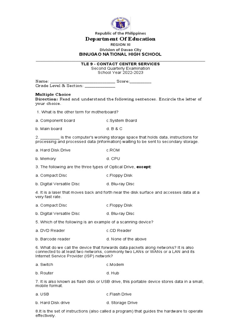 Binugao National High School Second Quarterly Examination for TLE 9 ... Binugao National High School Second Quarterly Examination for TLE 9 ...