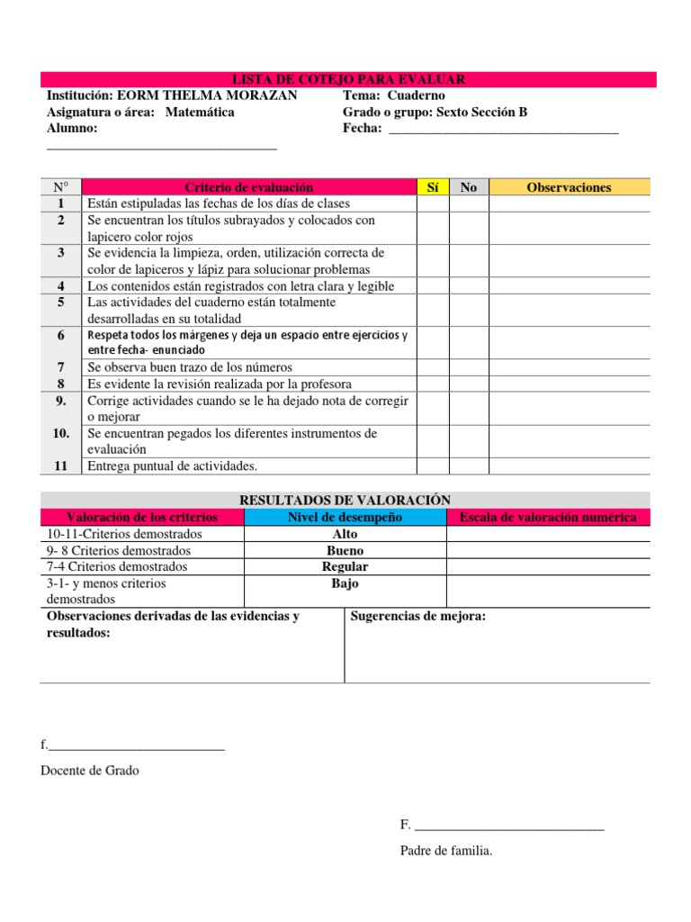 LISTA DE COTEJO PARA EVALUAR cuaderno de matematica docx | PDF