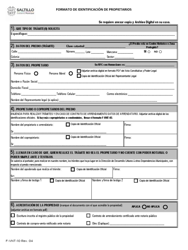 F-VNT-10 Formato de Identificacion de Propietarios | PDF