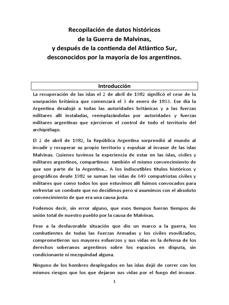 Recopilación de Datos Históricos de La Guerra de Malvinas | PDF | Reino ...