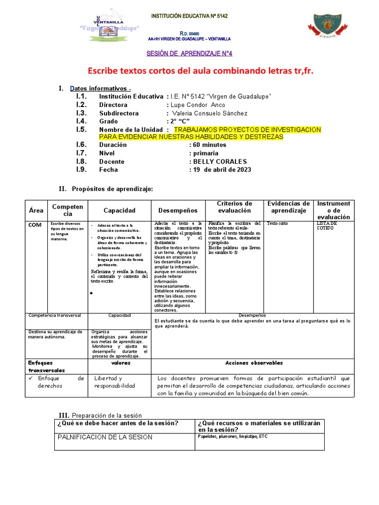 Escribe Textos Cortos Del Aula Combinando Letras TR, Fr. | PDF