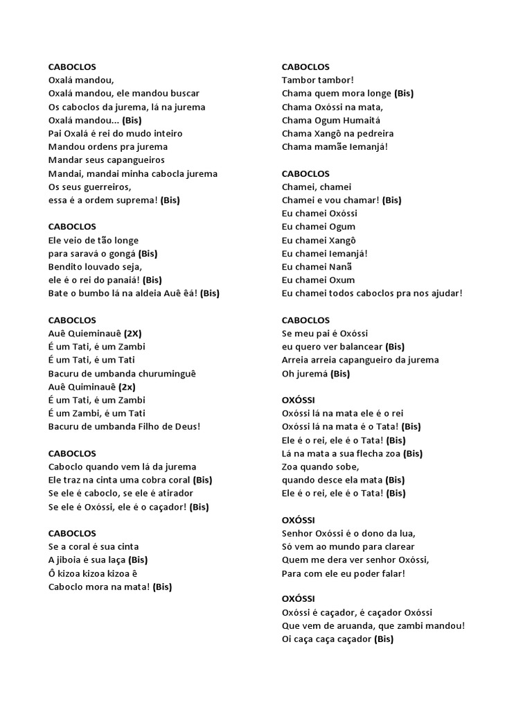 Cantigas de caboclos | PDF | Divindades | Personagens mitológicos