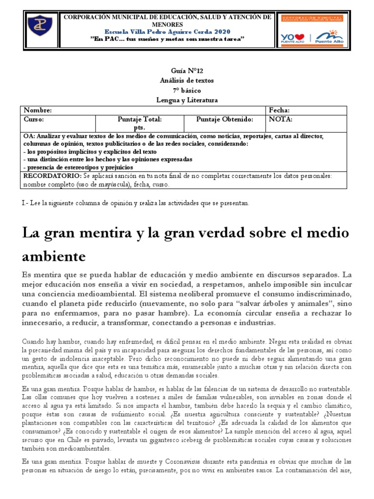 Guía N°12 7° (Columna de Opinión, Lectura y Escritura) | PDF | Entorno ...