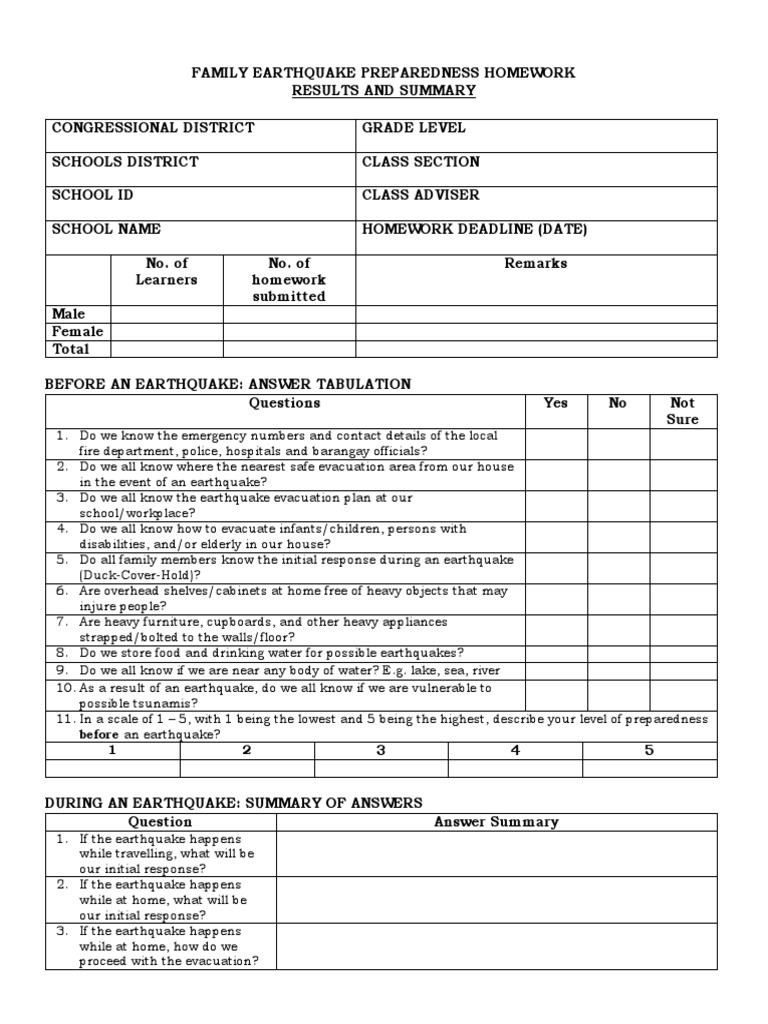 [TEMPLATE] FAMILY EARTHQUAKE PREPAREDNESS HOMEWORK - RESULTS AND ...