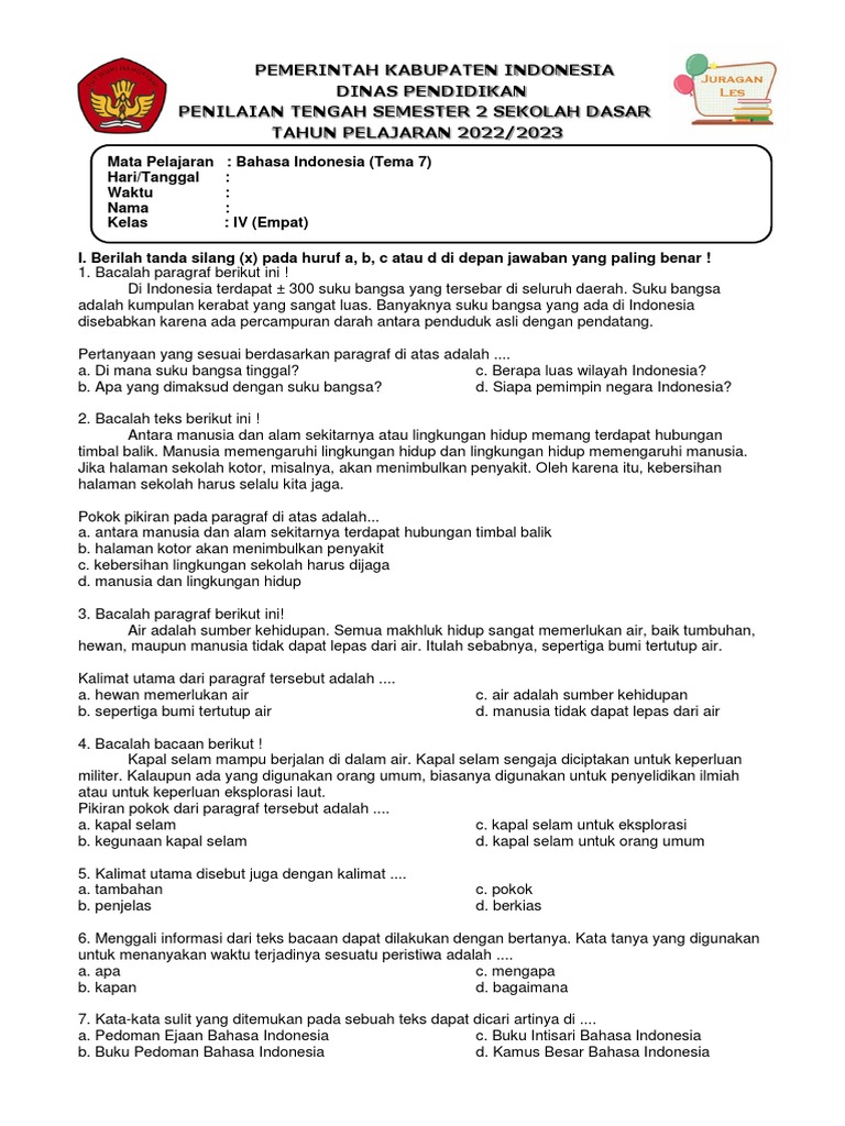 Soal Tema 7 Kelas 4 Semester 2 T.A 2022-2023 Mapel Bahasa Indonesia | PDF