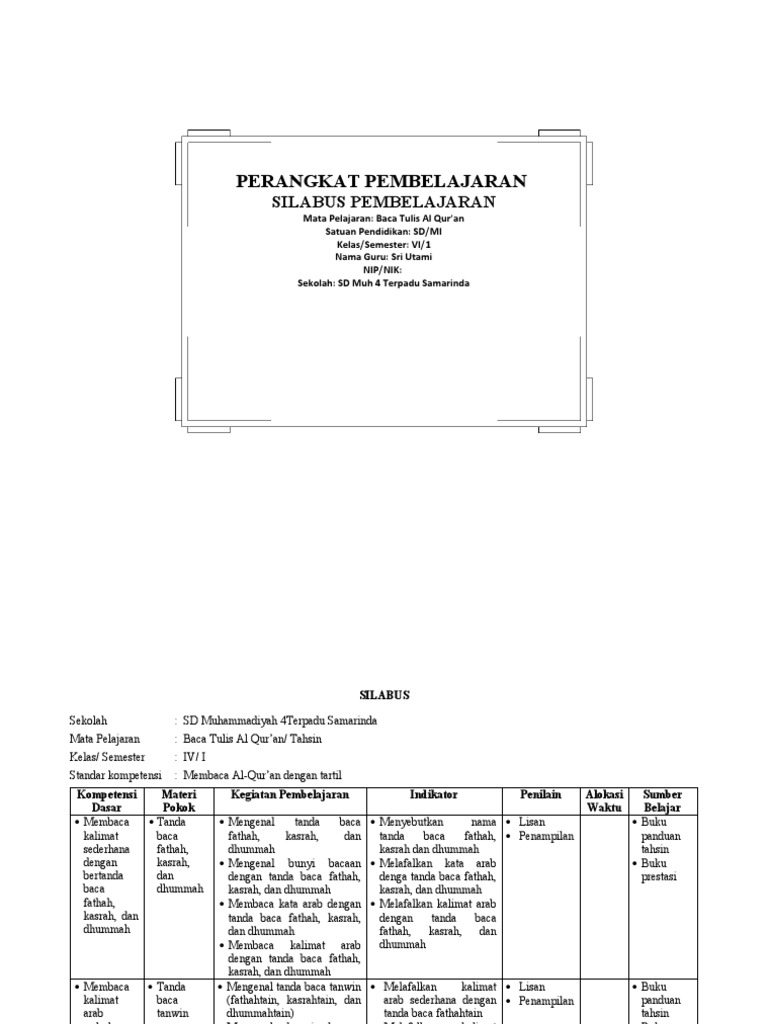 Baca Tulis Al Qur'an Kelas VI SD Muh 4 Terpadu Samarinda | PDF