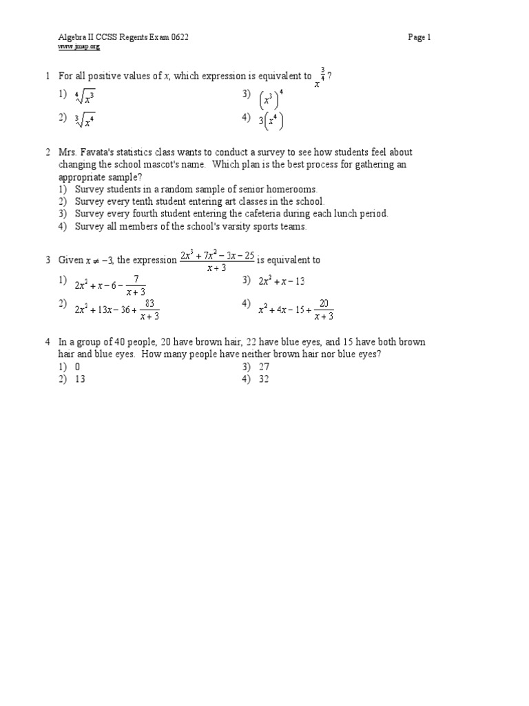 Algebra II CCSS Regents Exam: Sample Questions and Solutions | PDF | Function (Mathematics ...