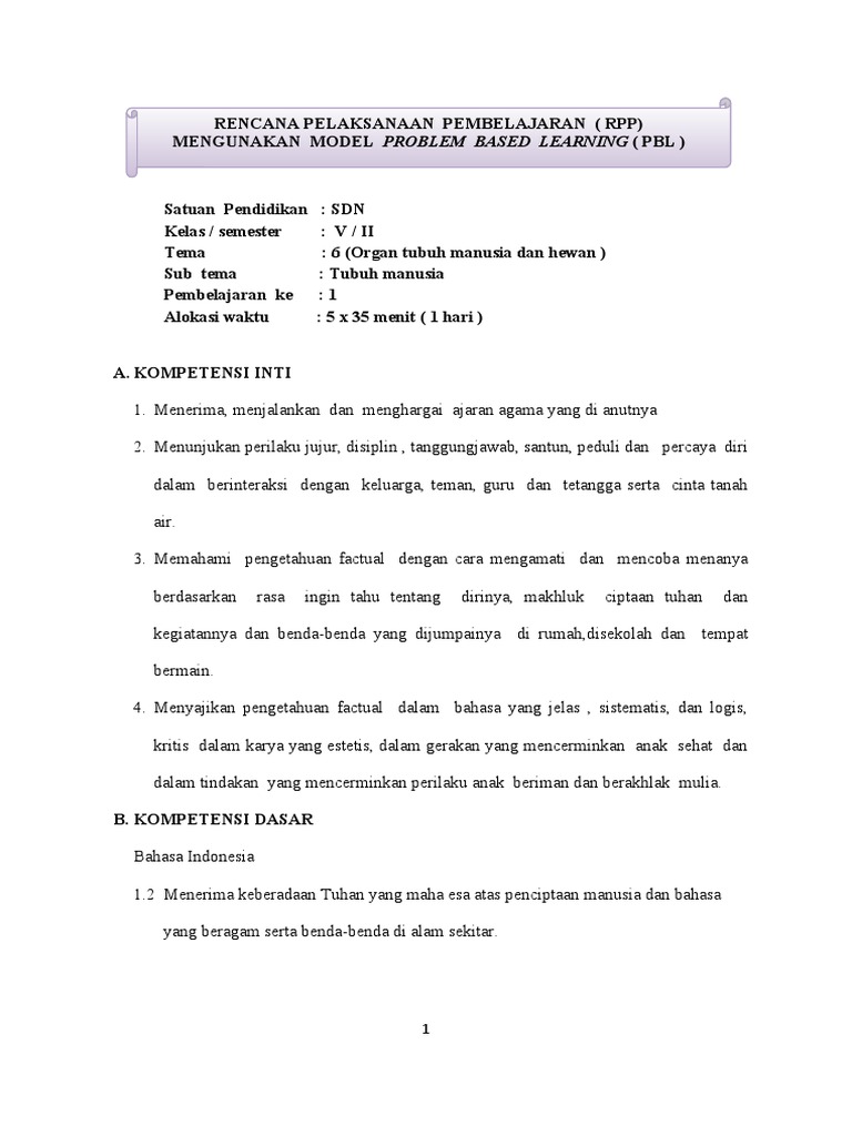 RPP Kelas V Model PBL | PDF