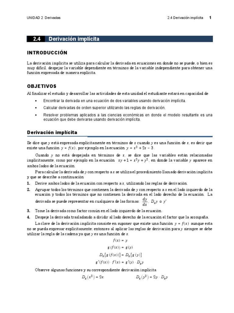 Derivación Implícita: Ejemplos y Métodos | PDF | Derivado | Ecuaciones