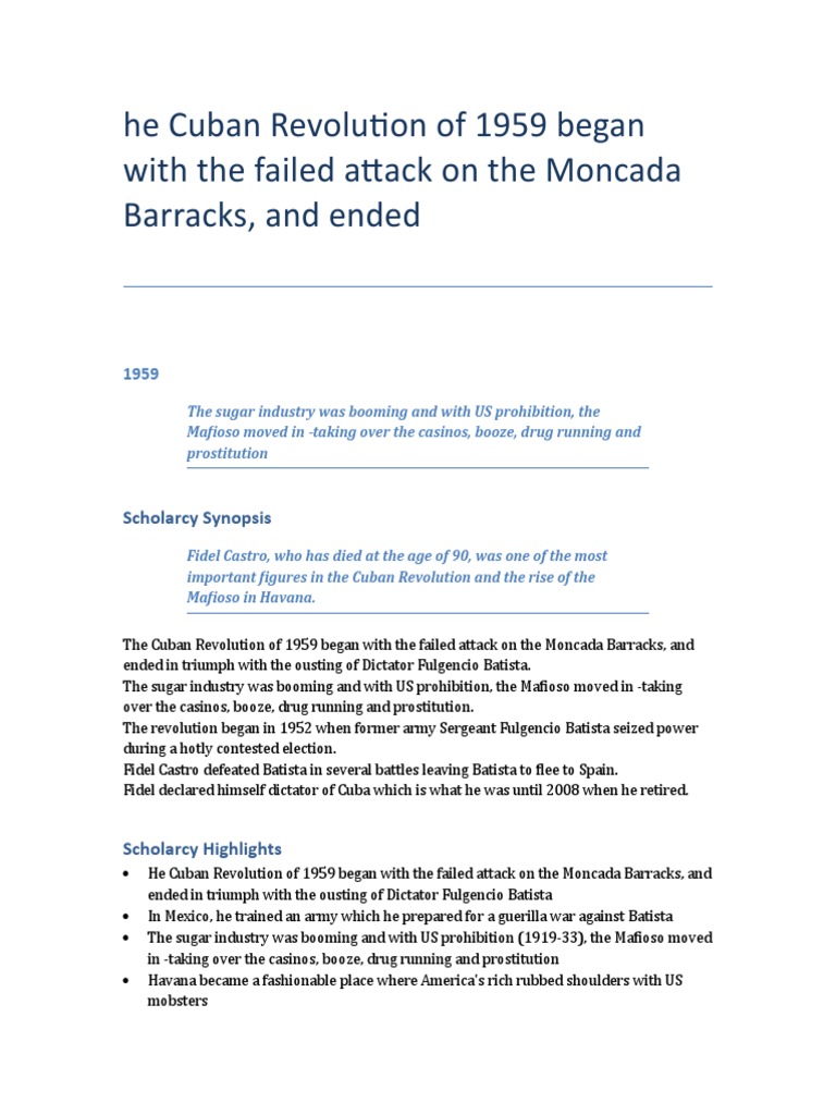 He Cuban Revolution of 1959 Began With The Failed Attack On The Moncada Barracks and Ended | PDF ...