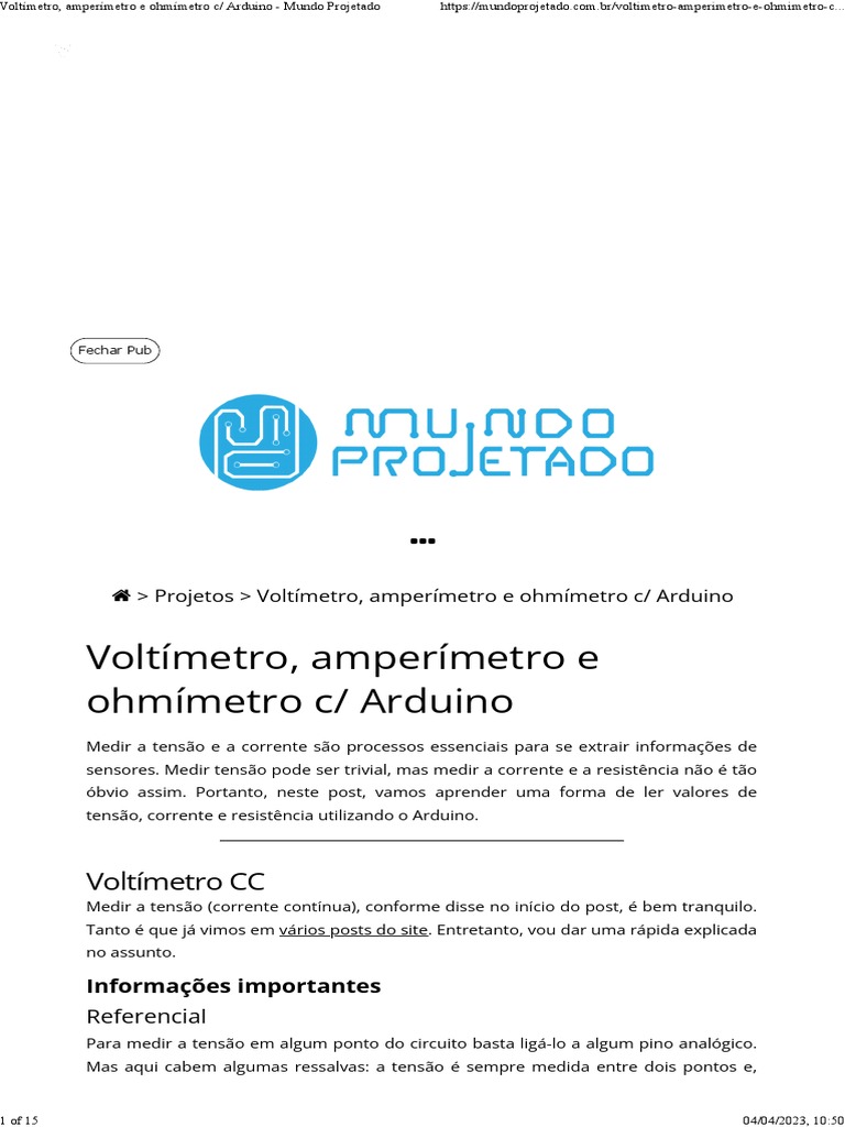 Voltímetro, Amperímetro e Ohmímetro C - Arduino - Mundo Projetado | PDF | Rede elétrica | Resistor