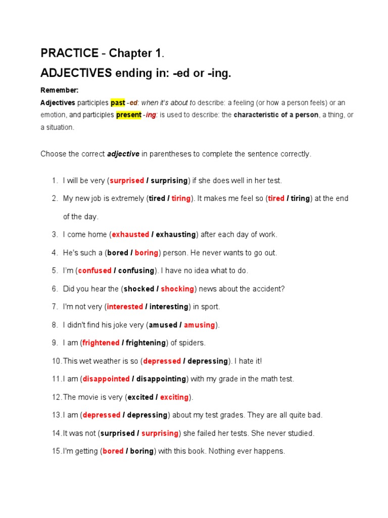 Adjectives Ing Ed Practice 1 | PDF