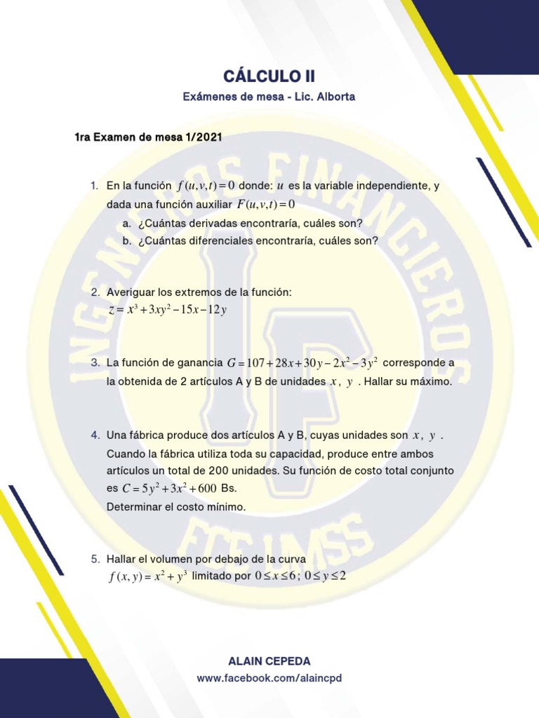 (Aux. Alain) Exámenes de Mesa Cálculo 2 - Lic. Alborta | PDF