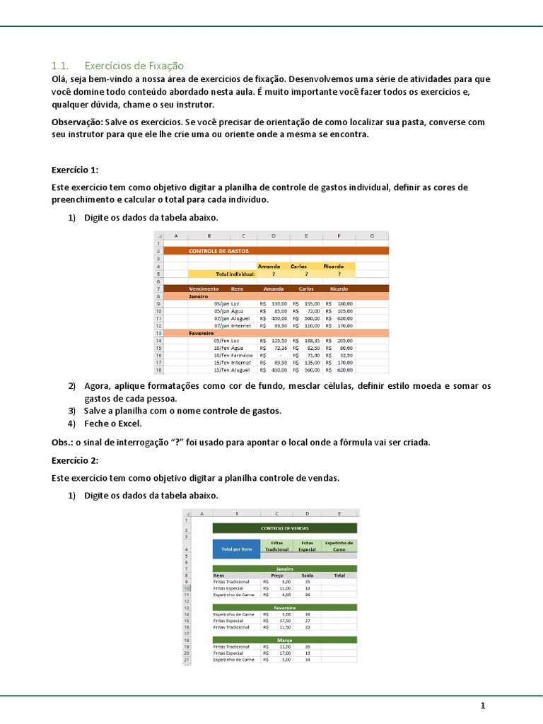 Exercícios de Excel para Fixação | PDF