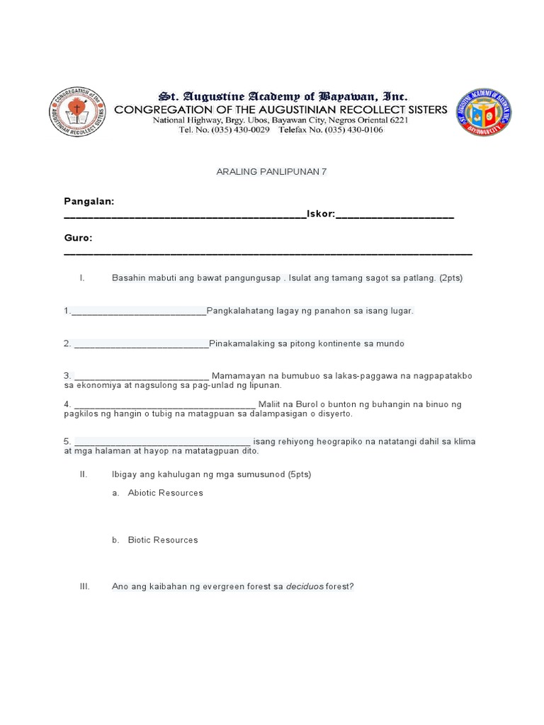 ARALING PANLIPUNAN 7 1st Monthly Test | PDF