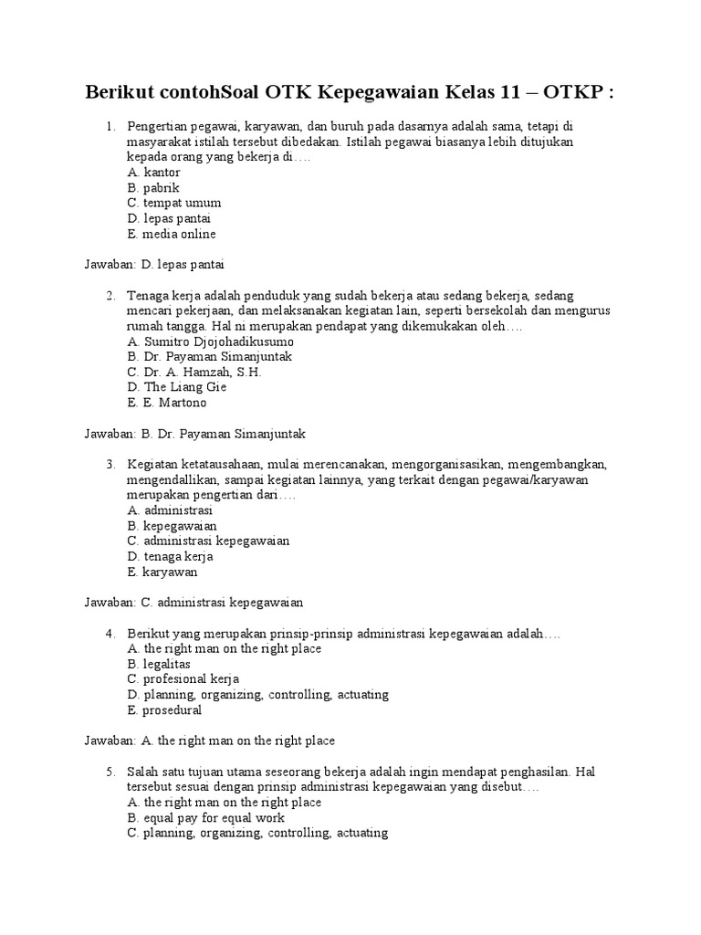 Berikut Contohsoal OTK Kepegawaian Kelas 11 | PDF