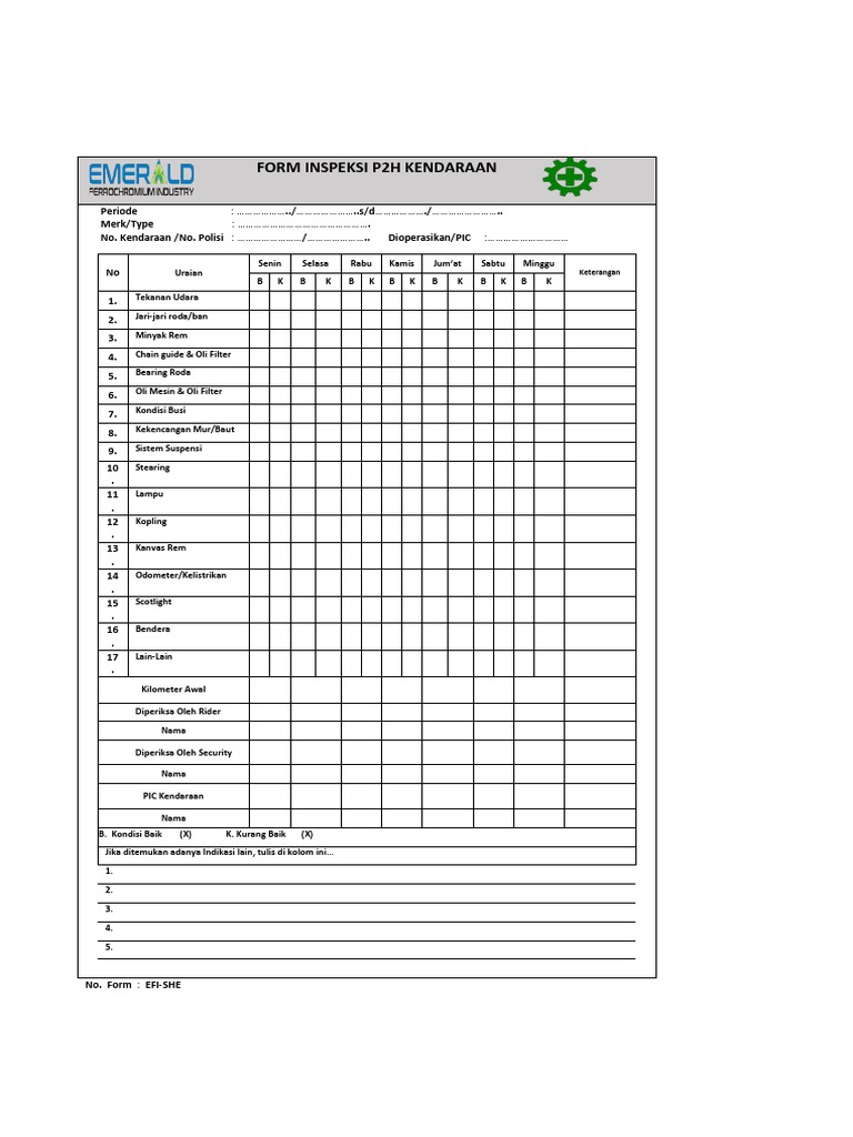 Yufli Bane FORM INSPEKSI P2H KENDARAAN | PDF