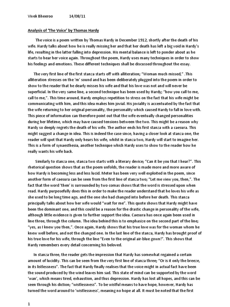 Analysis of The Voice' by Thomas Hardy | PDF | Poetry | Psychological ...