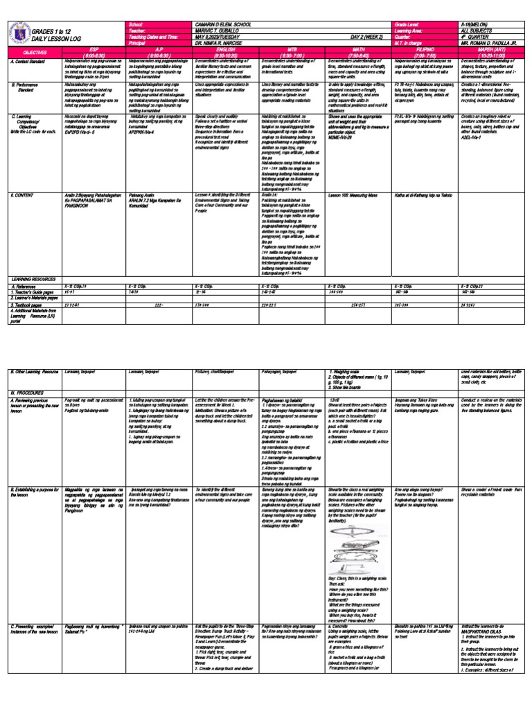 DLL - All Subjects 2 - Q4 - W2 - D2 | PDF | Kilogram | Weight