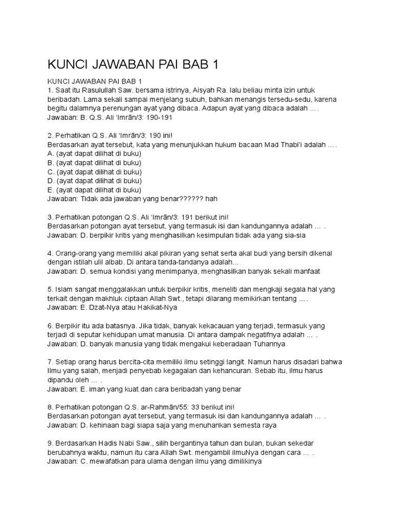 Kunci Jawaban Pai Bab 1-5 | PDF