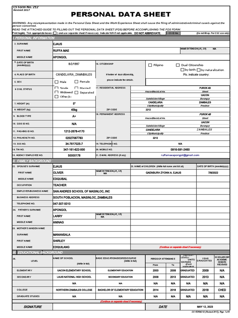 Personal Data Sheet CS Form No. 212 Revised 2017 | PDF | Government