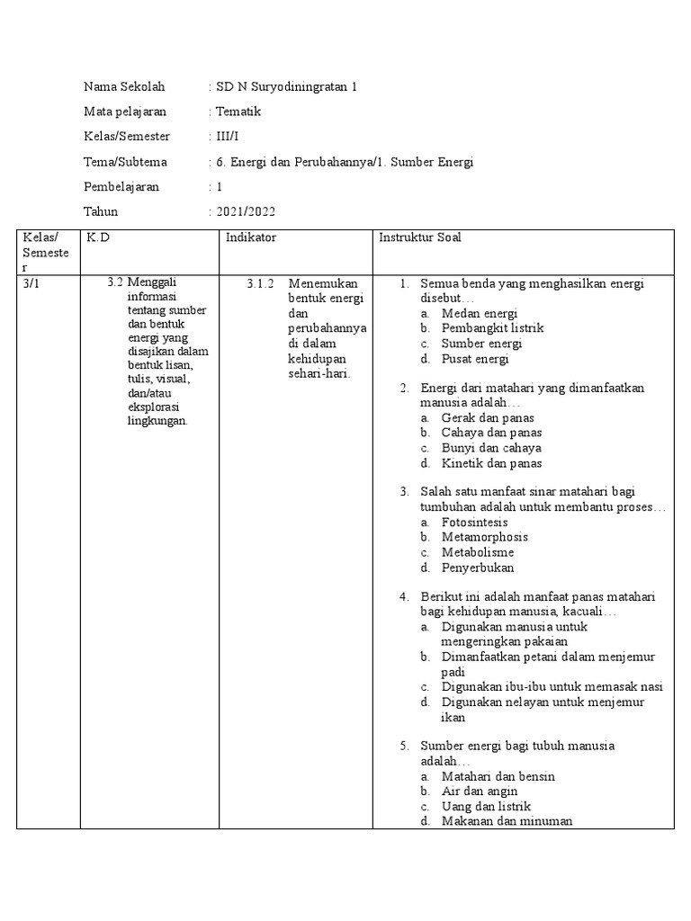 Instrumen Soal Kelas 3 Semester 1 | PDF