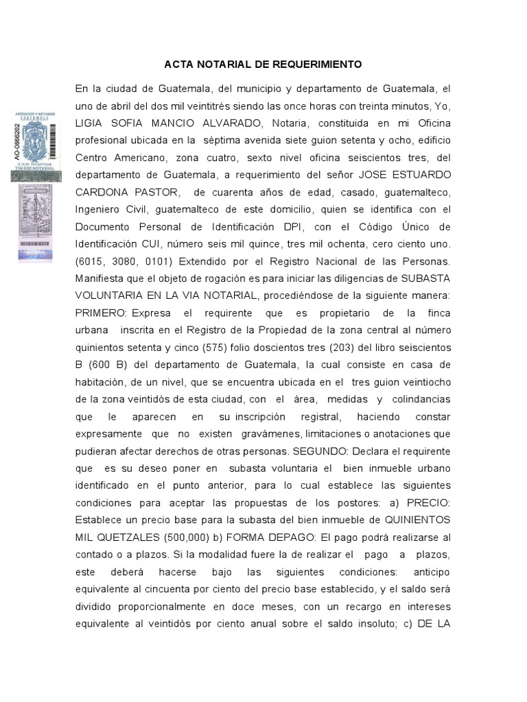 Acta Notarial De Requerimiento Subasta Pdf Subasta Pagos