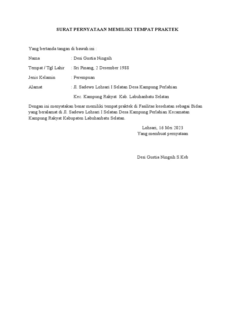 Surat Pernyataan Memiliki Tempat Praktek | PDF Surat Pernyataan Memiliki Tempat Praktek | PDF