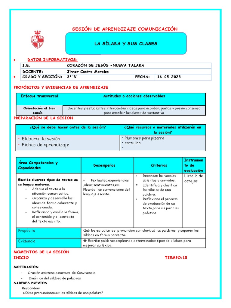 Sesiòn de Aprendizaje Unidad 1 Comunicaciòn La Sìlaba y Sus Clases 3b ...