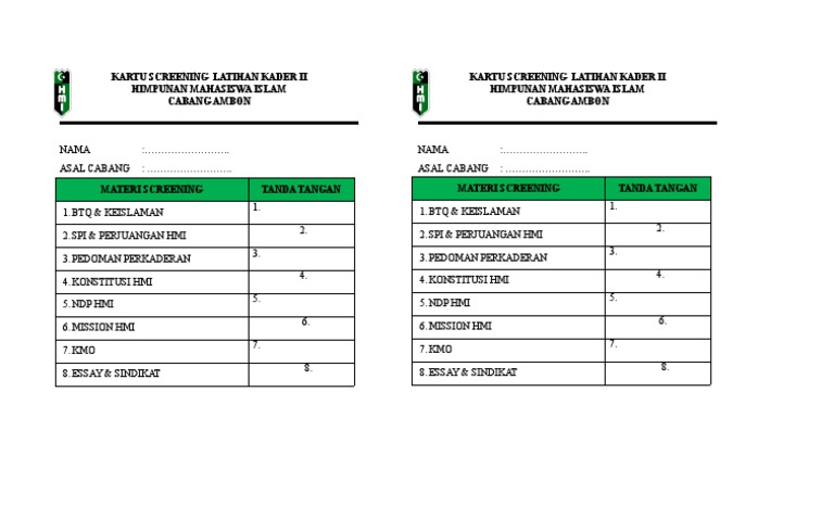 Kartu Screening Latihan Kader Ii | PDF