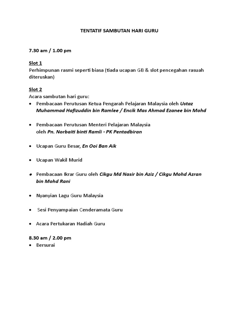 Tentatif Sambutan Hari Guru | PDF