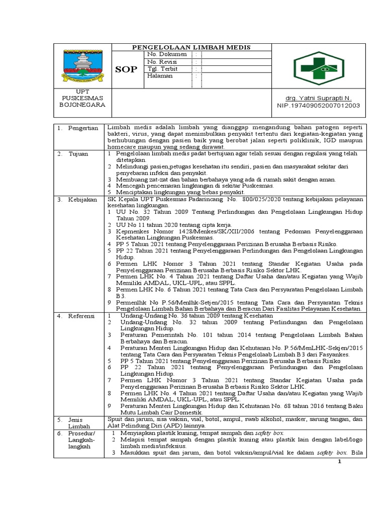 Sop Pengelolaan Limbah Medis Puskesmas | PDF