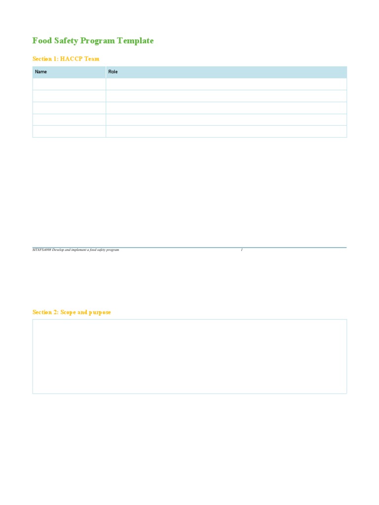 SITXFSA008 Food Safety Program Template | PDF | Food Safety ...