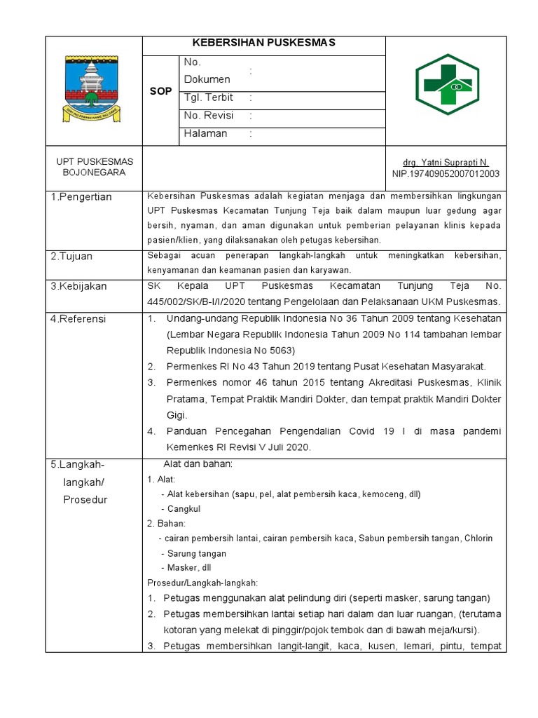 Sop Kebersihan Puskesmas 23 | PDF