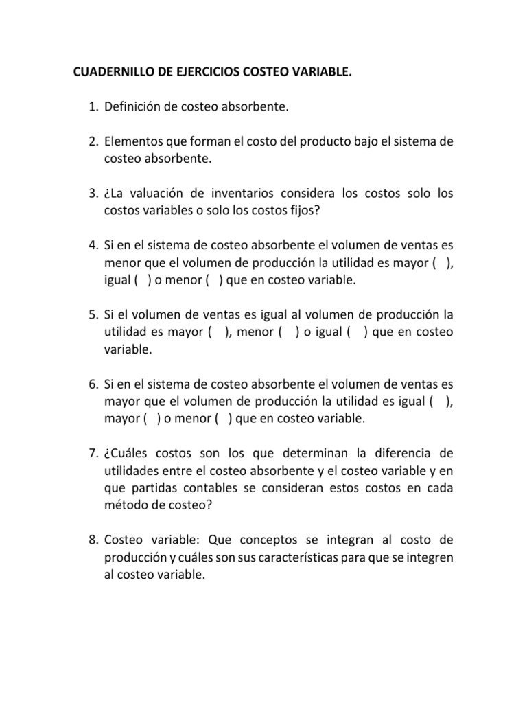 Cuadernillo de Ejercicios Costeo Variable - 6D - 2023 | PDF