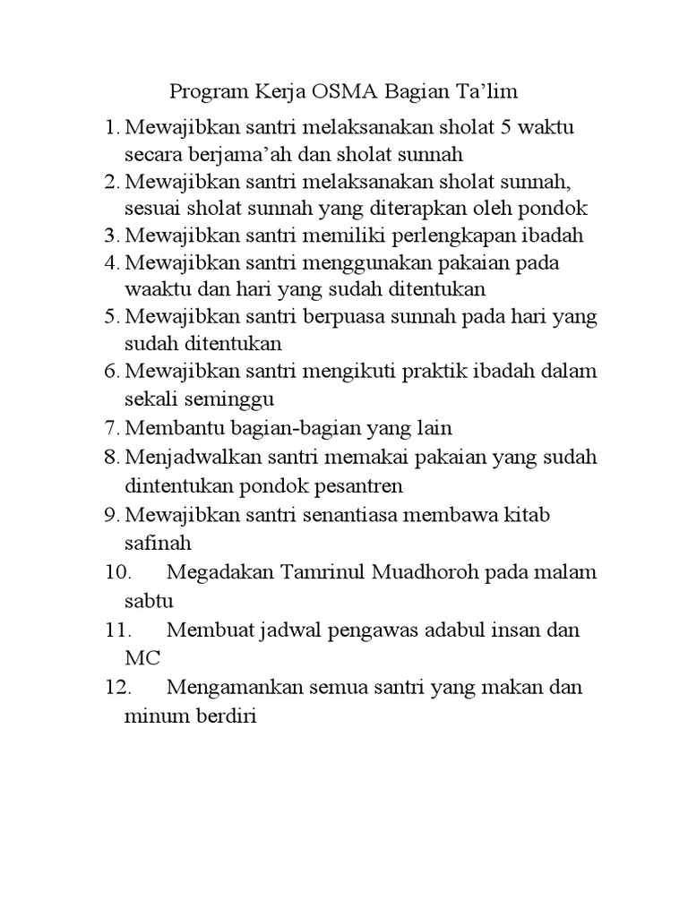 Program Kerja OSMA Bagian Ta'Lim | PDF