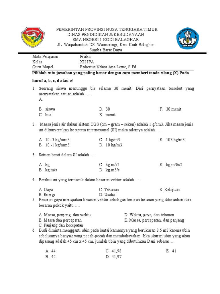 Soal PTS 2 Fisika Kelas Xii 2023-45 | PDF
