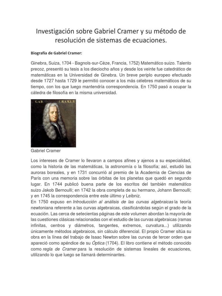Biografía y Método de Cramer | PDF | Determinante | Ecuaciones