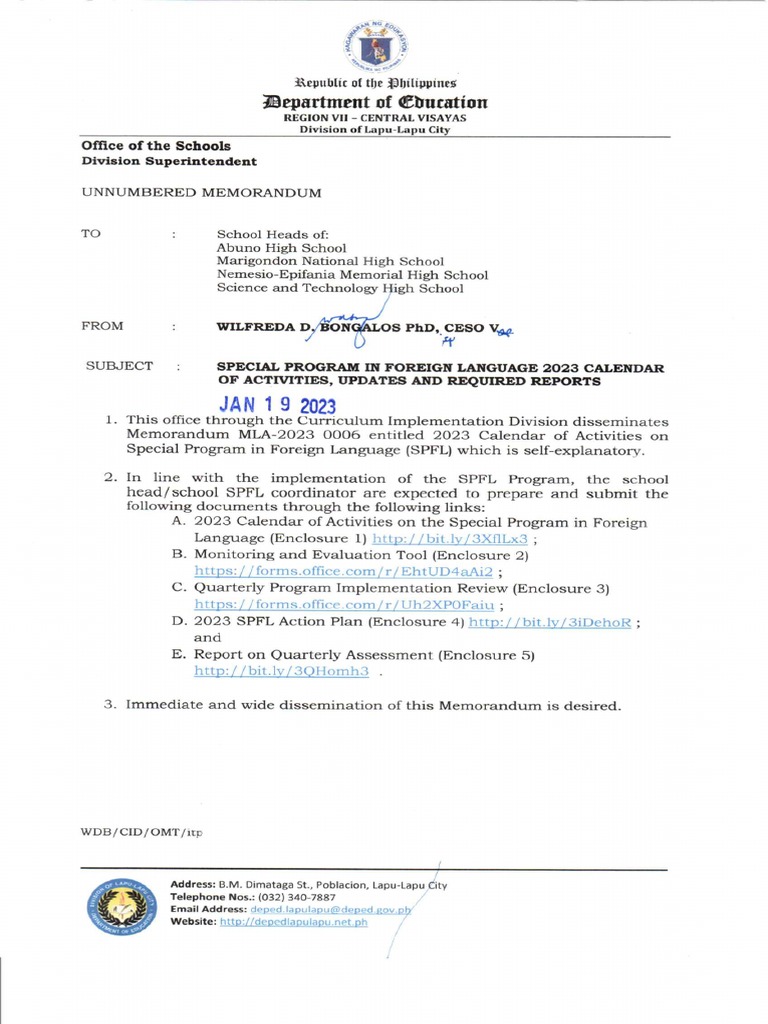 UM No. 008 S. 2023 Special Program in Foreign Language 2023 Calendar of ...