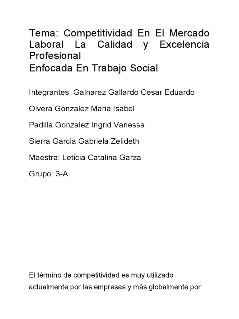 Tema - Competitividad en El Mercado Laboral La Calidad y Excelencia Profesional | PDF