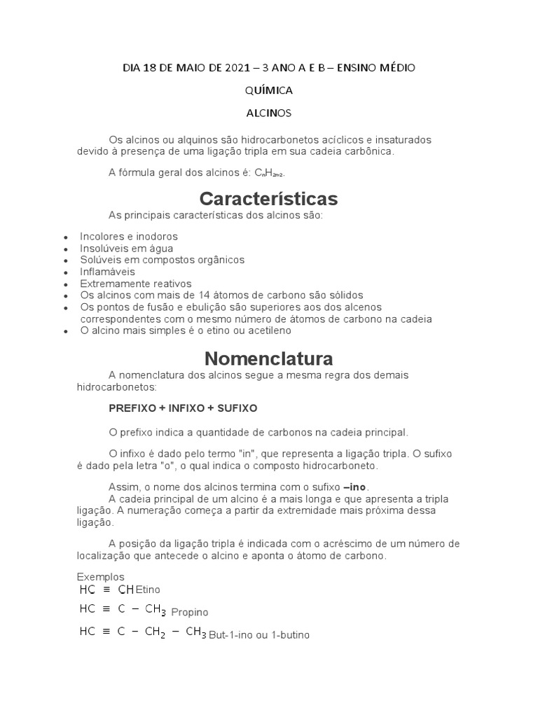 Características e Nomenclatura dos Alcinos | PDF