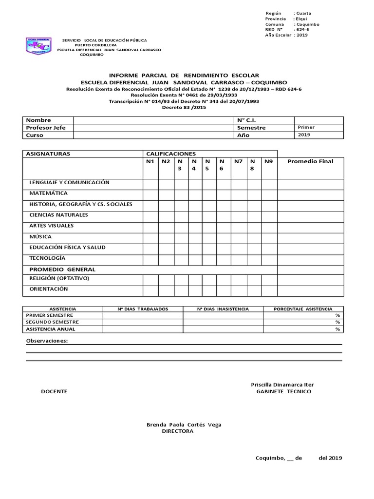 Informe Parcial De Rendimiento Escolar 1° Semestre 2019 Pdf Science