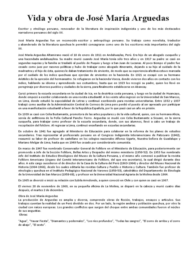 Vida y obra de José María Arguedas | PDF