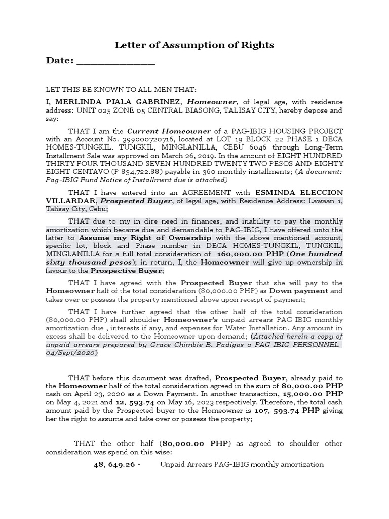Letter of Assumption - Esminda Villardar | PDF | Assignment (Law ...
