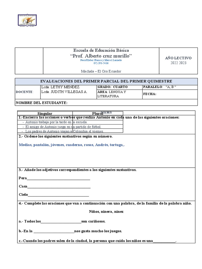 4 A-B - Prueba de Diagnostico 2023 de Lengua y Literatura 2023 - Niños ...
